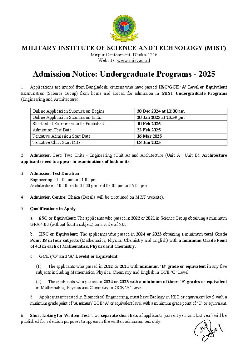 MIST Admission Result 2025 - admission.mist.ac.bd - GST Admission 2025-2026
